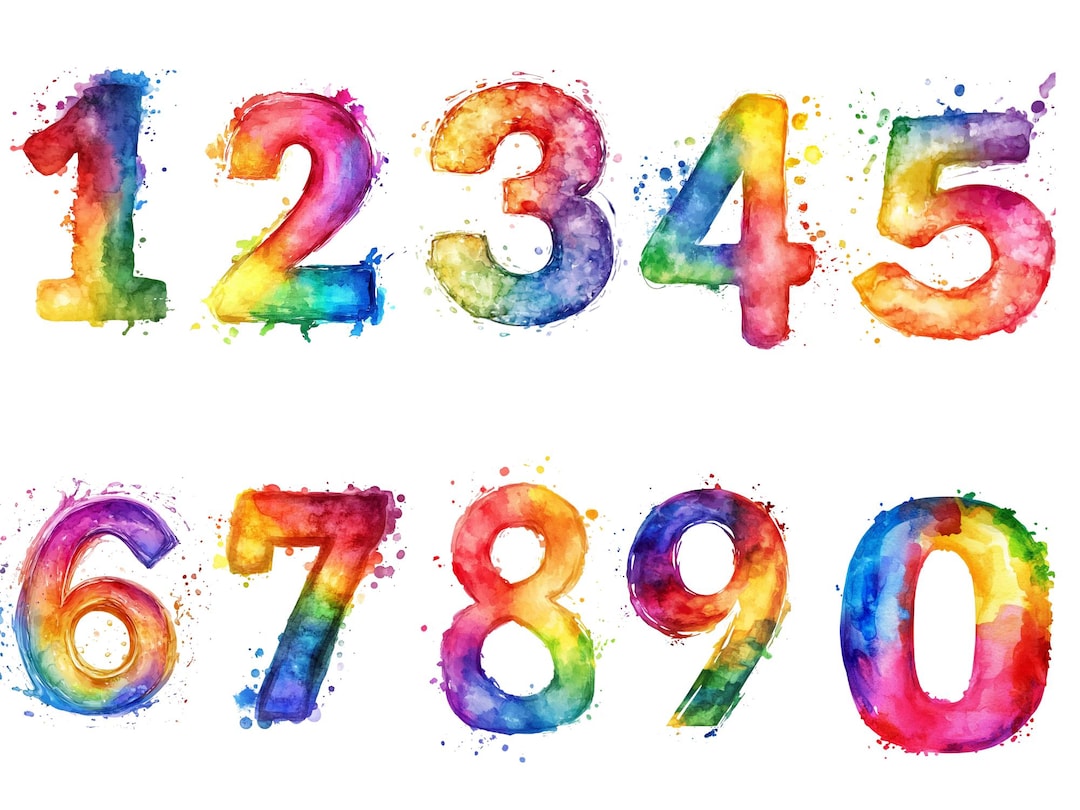 Rainbow Watercolor Numbers Clipart - Vibrant Splashy Numerals PNG ...