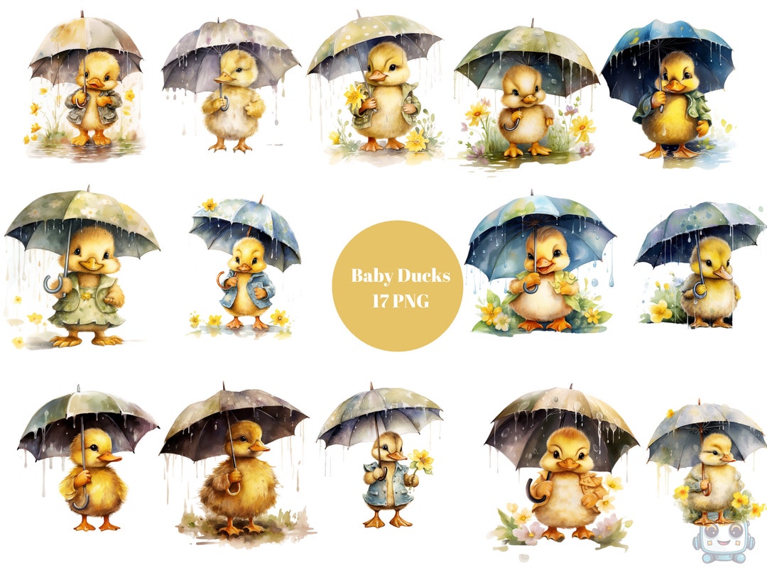 17 Baby Ducks in Rain Watercolor Clipart, Cute Ducklings, PNG Digital ...