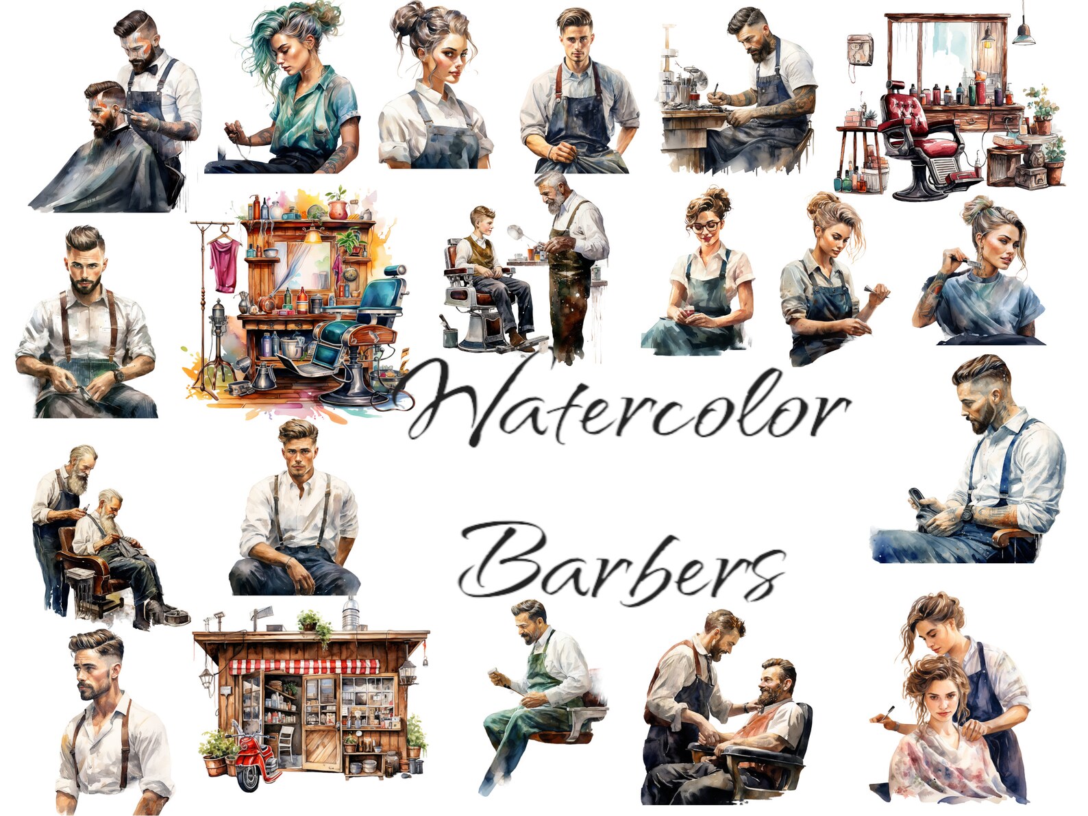 Watercolor Barbers Clipart, Barber Life, PNG Digital Files on a ...