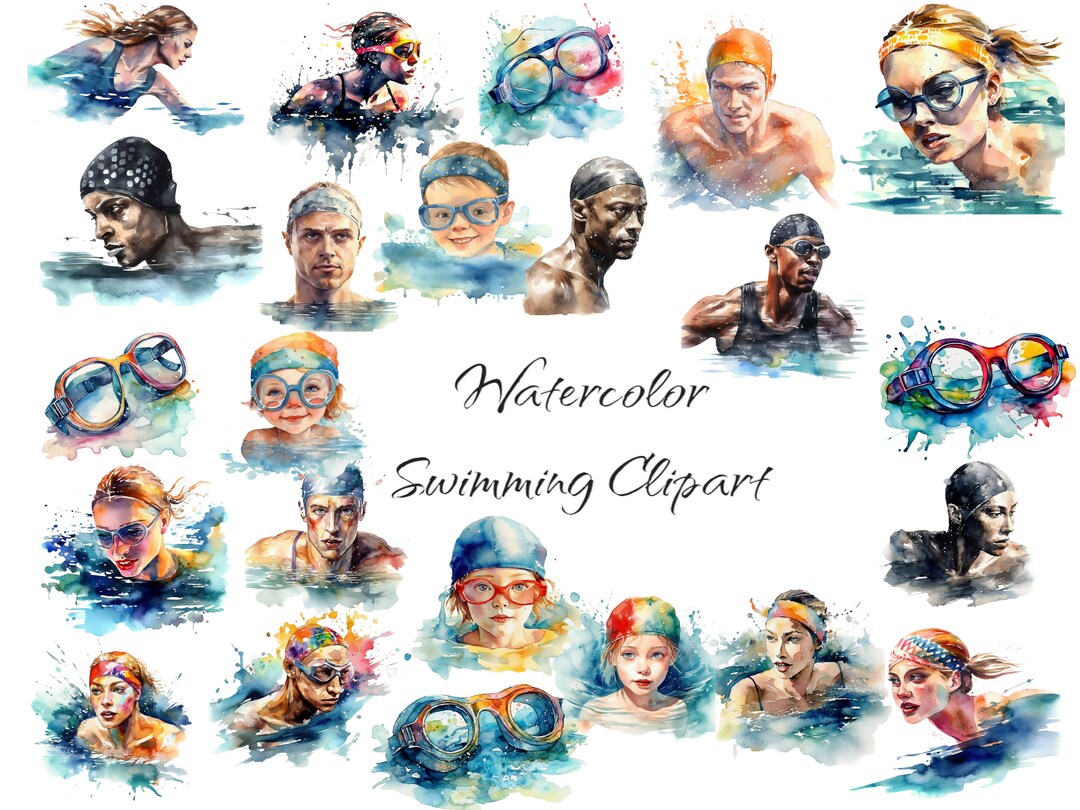 Watercolor Swimming Clipart, PNG Digital Files on Transparent ...
