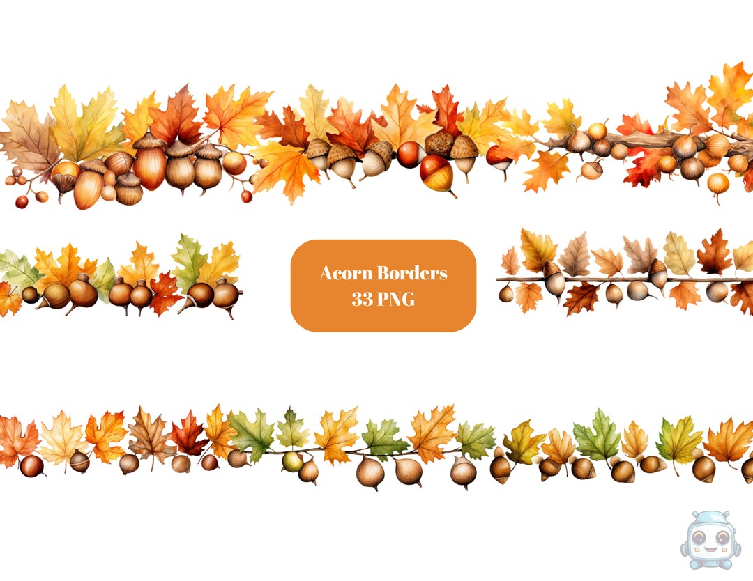 33 Acorn and Maple Leaves Borders Watercolor Clipart, Border Clipart ...