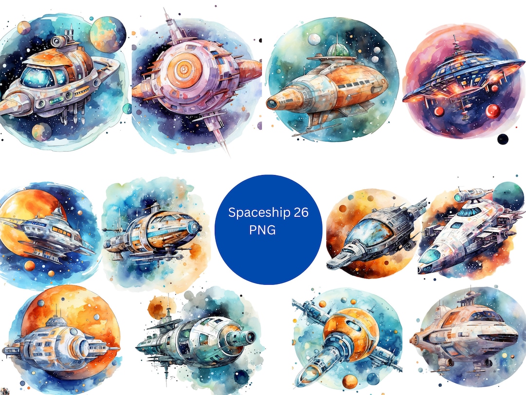 26 Spaceships Watercolor Clipart, Space Clipart, PNG Individual Images ...