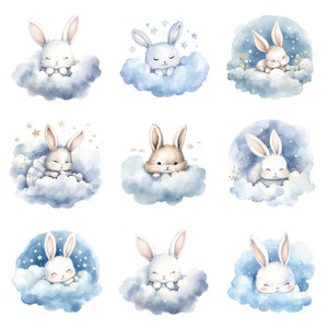 27 Bunnies on Cloud Watercolor Clipart, Bunny Clipart, Kids Clipart ...