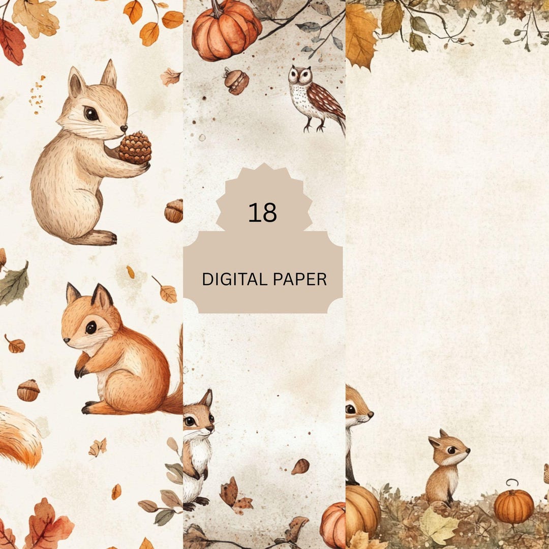 Woodland Animals Autumn Digital Paper - Cute Squirrels, Pumpkins, Owls ...
