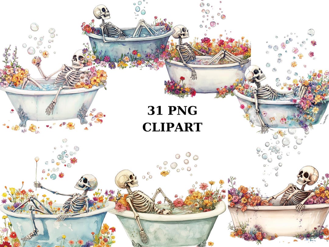 Skeleton Bath Clipart, 31 PNG Images, Watercolor Skeletons in Floral ...