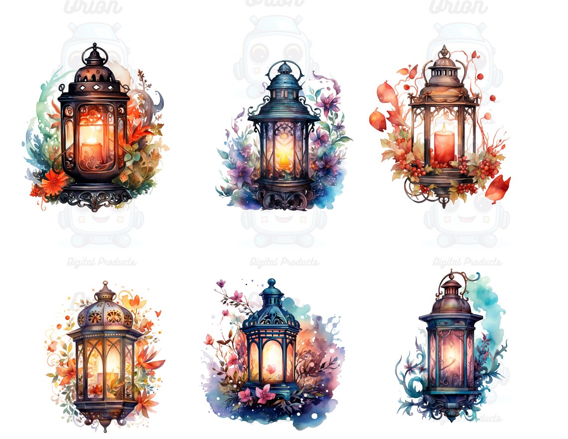 Watercolor Fantasy Lanterns Clipart PNG Digital Files on a - Etsy