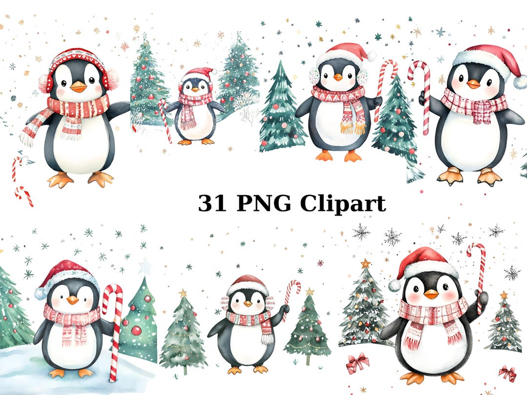 31 Christmas Penguins Watercolor Clipart, Christmas Clipart, PNG ...