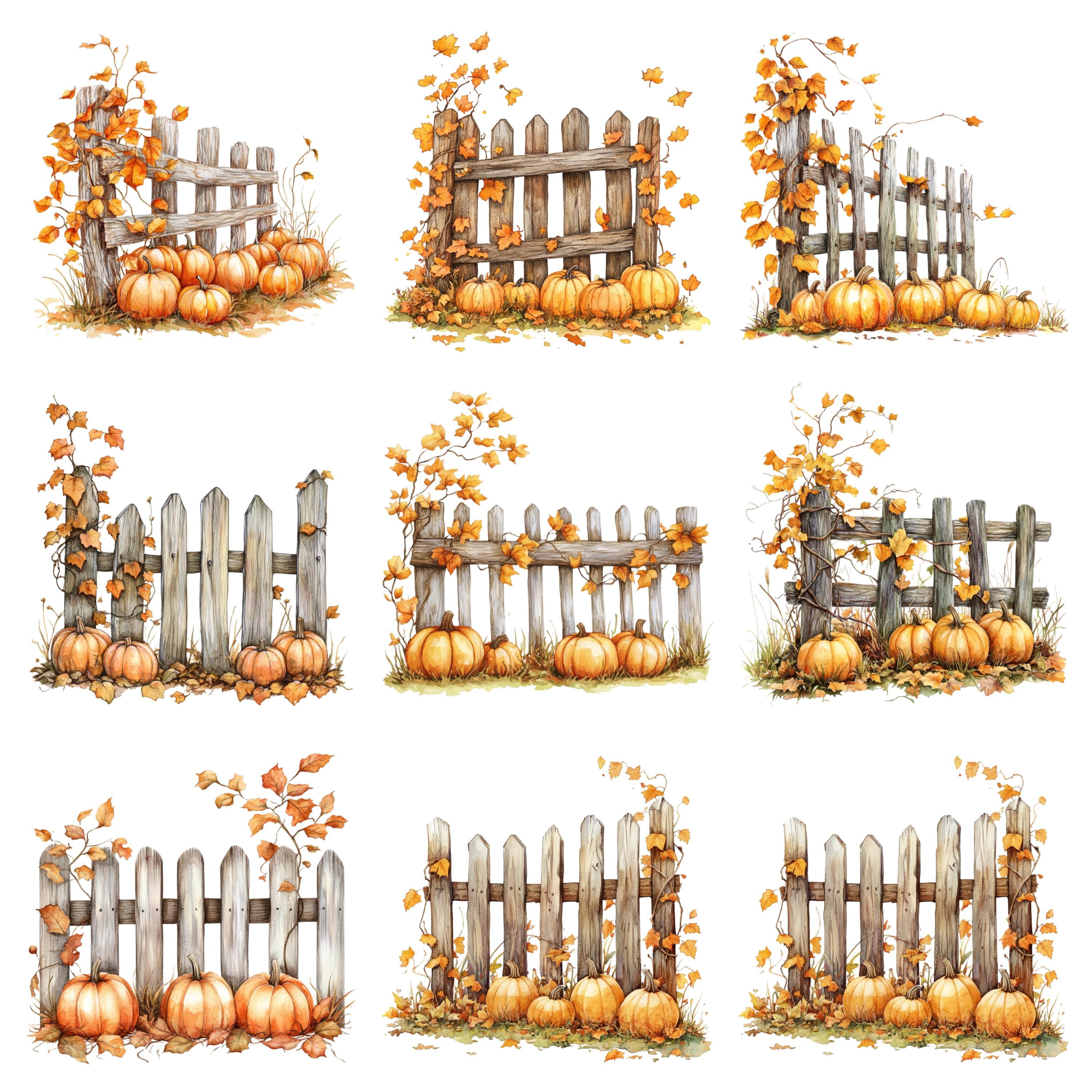 35 Fall Fence Watercolor Clipart, PNG Individual Images on Transparent ...