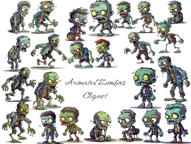 Animated Zombies Clipart, PNG Digital Files, Scrapbook, Invitations ...