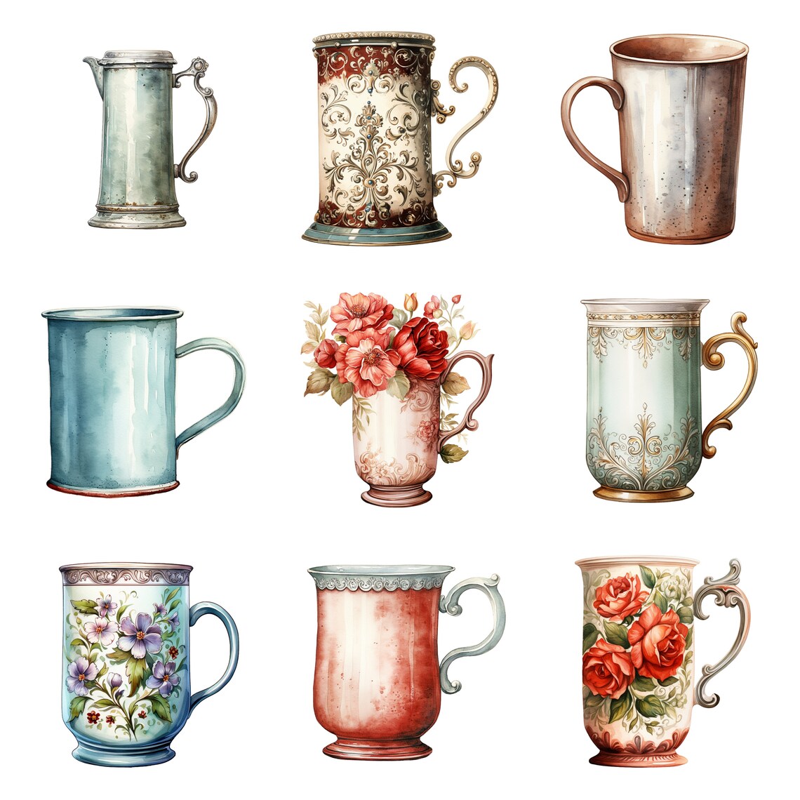 Watercolor Vintage Mugs Clipart PNG Digital Files on - Etsy