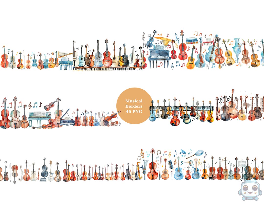 46 Musical Borders Watercolor Clipart, Instruments Clipart, PNG ...