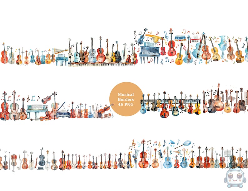 46 Musical Borders Watercolor Clipart, Instruments Clipart, PNG ...