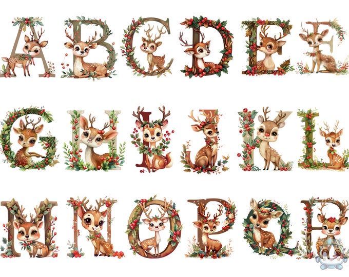 Christmas Reindeer Alphabet Clipart: A-Z Letters, 0-9 Numbers (PNG ...