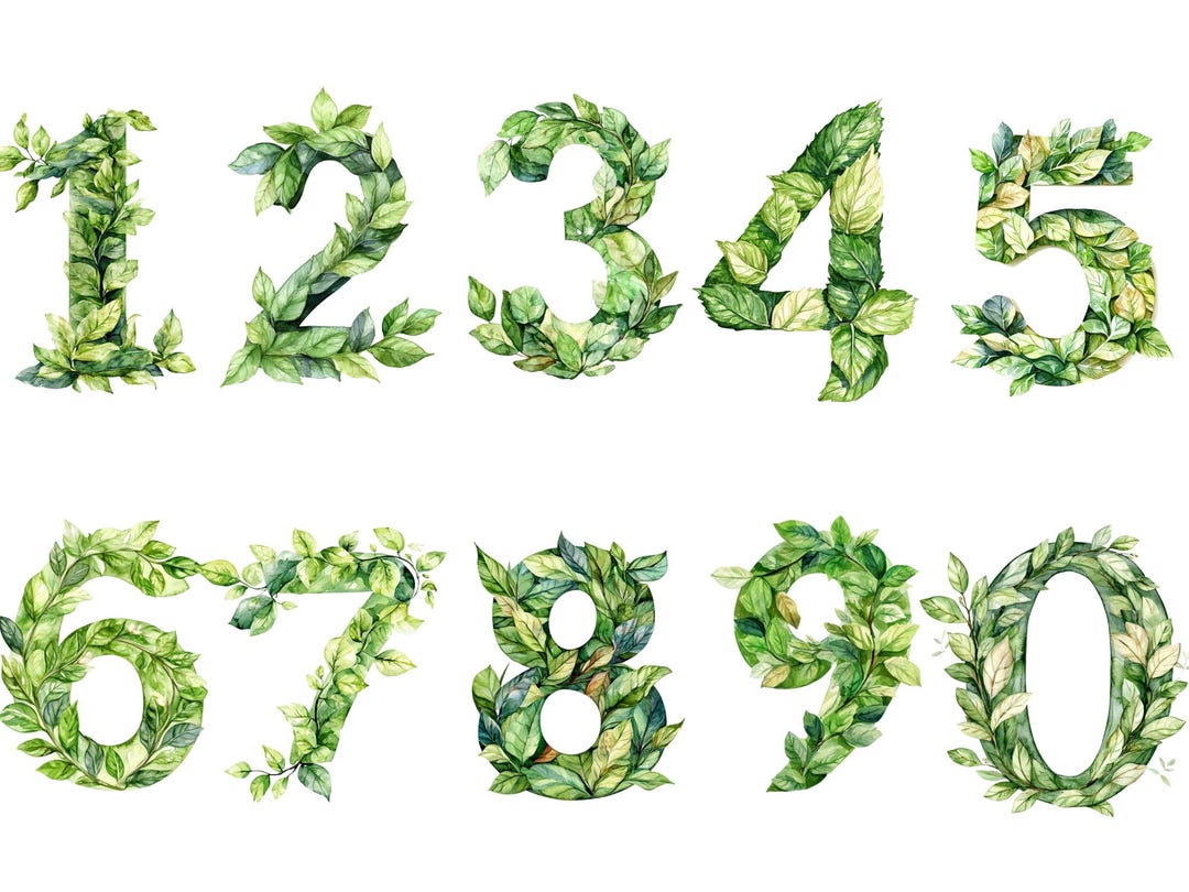 Leafy Numbers Clipart - Green Nature-inspired Numerals PNG Individual ...