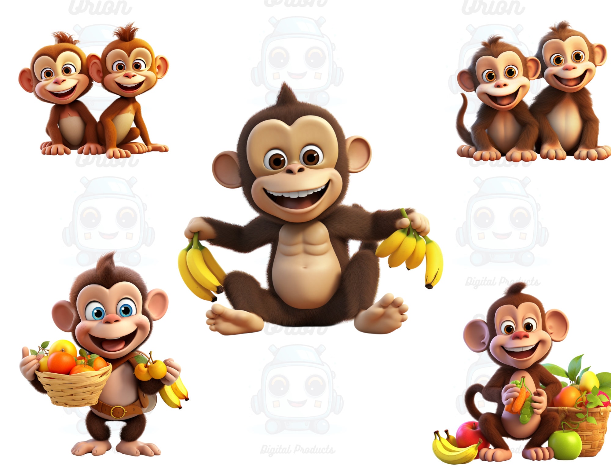Cute Animated Monkeys Clipart, PNG Digital Files on Transparent ...