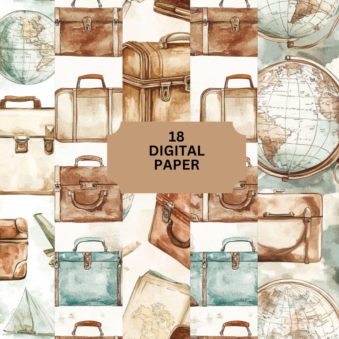 Vintage Travel Digital Paper, Globe and Suitcase Scrapbook Backgrounds ...