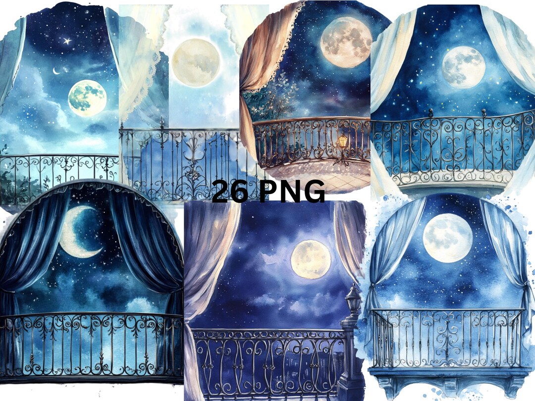 26 Moonlight Balcony Watercolor Clipart, PNG Digital Files on ...