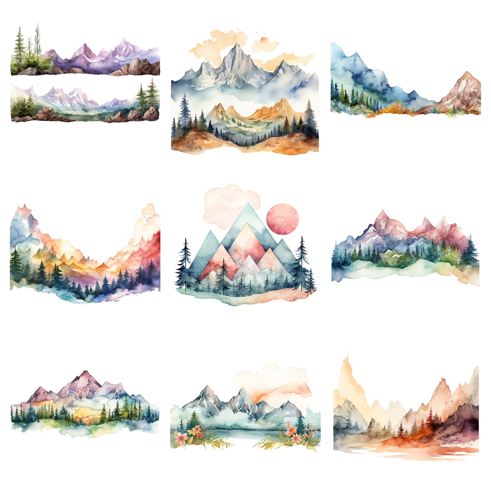 Watercolor Mountain Borders Clipart, PNG Digital Files on a Transparent ...