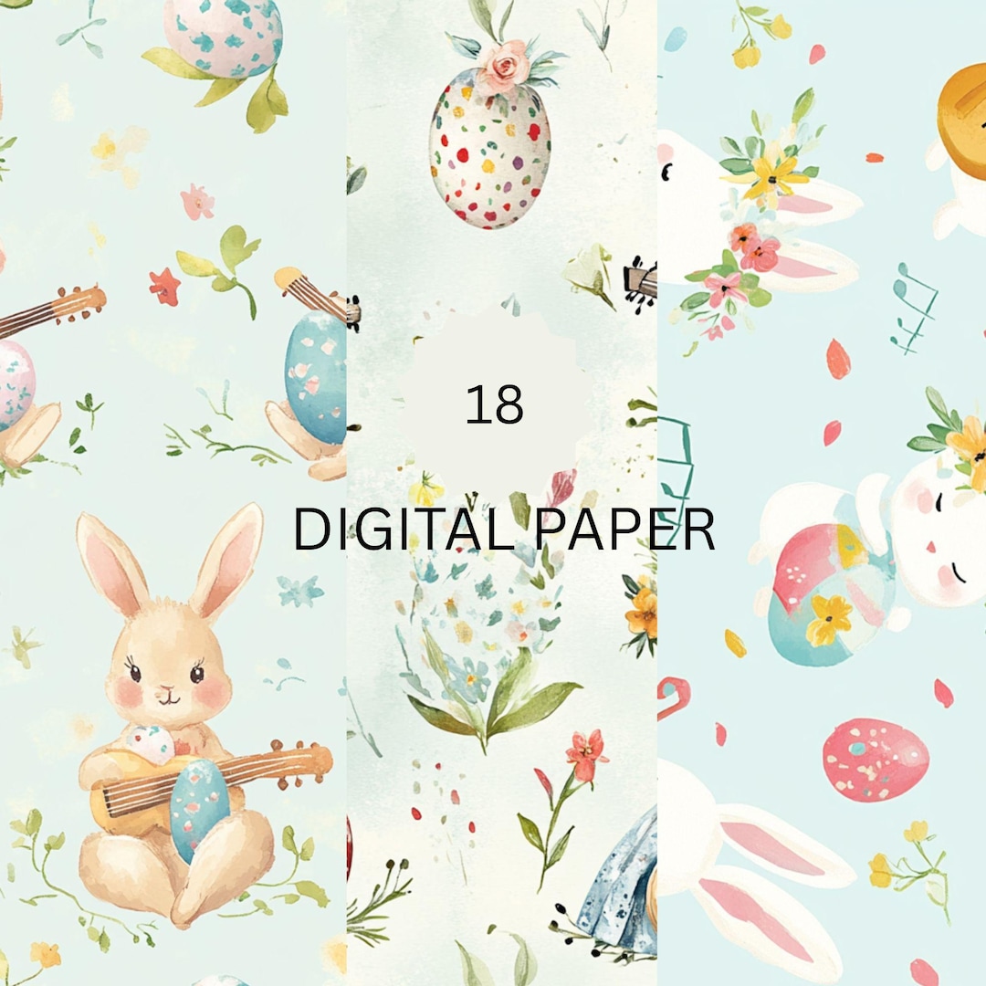 Cute Bunny and Easter Egg Digital Paper, Pastel Spring Music Theme ...