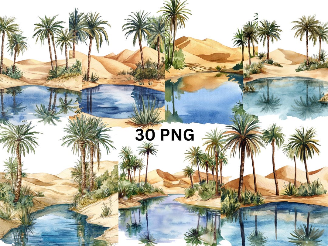 Watercolor Desert Oasis PNG Clipart - 30 Transparent Background Palm ...