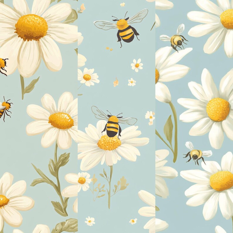 Bee and Daisy Digital Paper – Blue Floral Spring Backgrounds, Cute ...