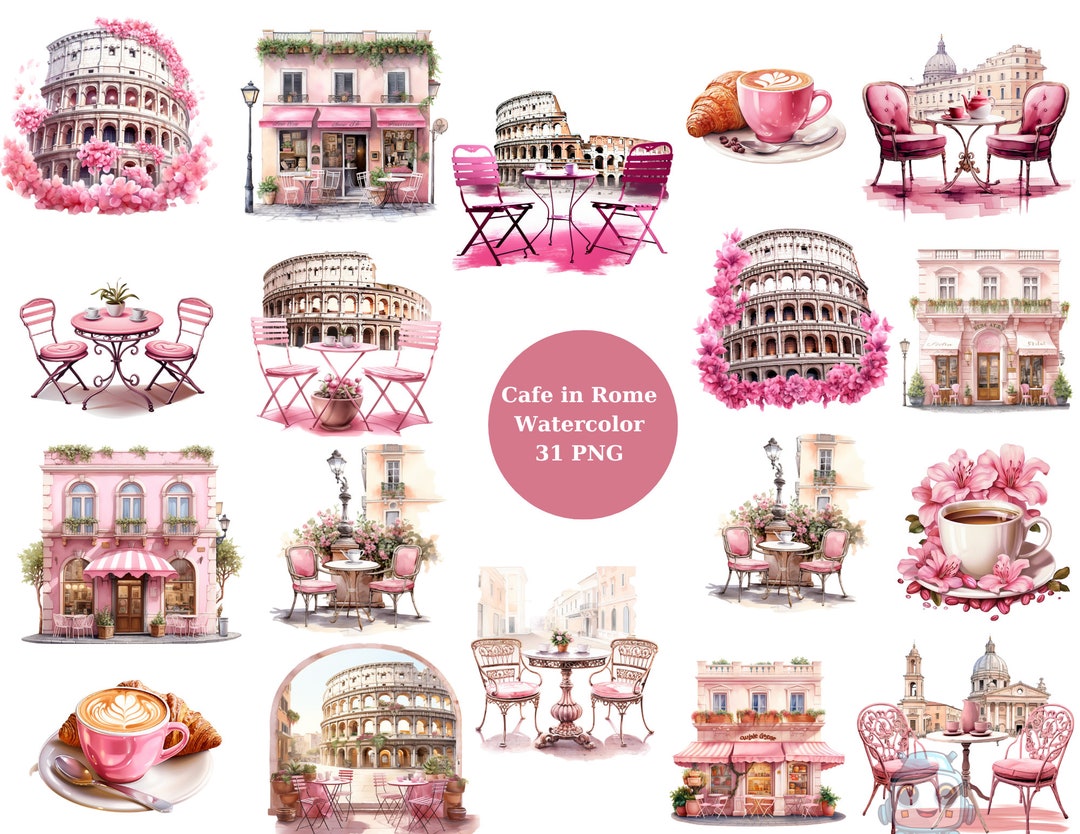 Watercolor Pink Cafe in Rome Clipart, PNG Individual Images on ...
