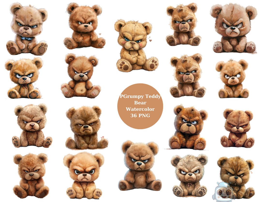 Watercolor 36 Grumpy Teddy Bear Clipart, PNG Individual Images on Transparent Background ...