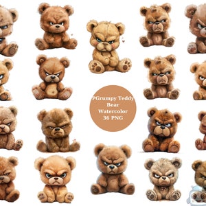 Watercolor 36 Grumpy Teddy Bear Clipart, PNG Individual Images on ...