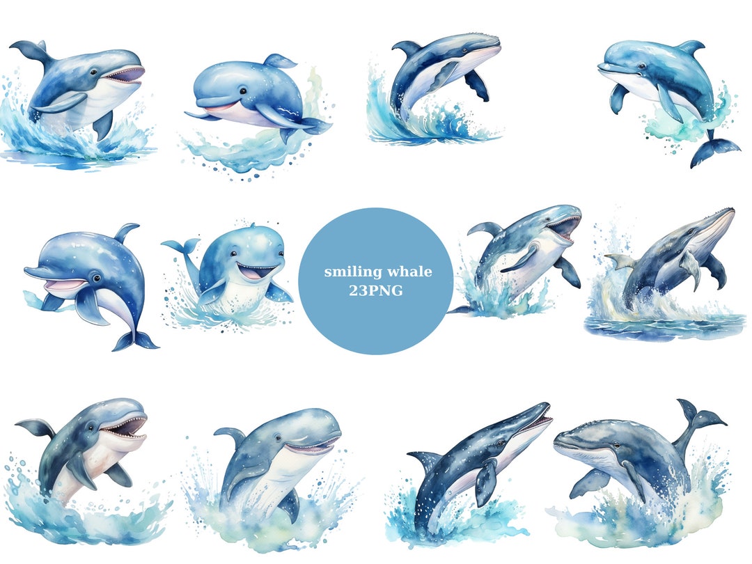 23 Smiling Whales Watercolor Clipart, Kids Clipart, Ocean Clipart, PNG ...