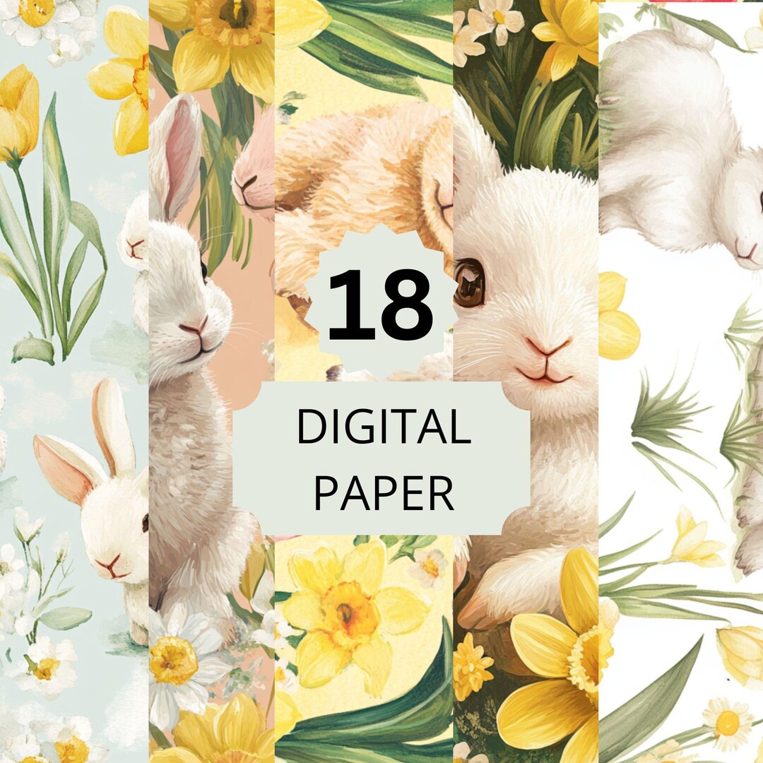 Easter Bunny Digital Paper – Spring Rabbits & Daffodils Backgrounds for ...