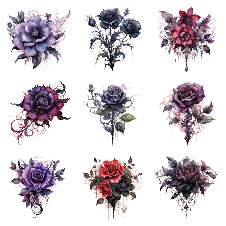 Watercolor Gothic Flowers Clipart, PNG Individual Images on Transparent ...