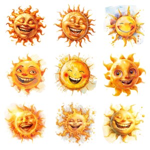 23 Whimsical Suns Watercolor Clipart, Whimsical Clipart, PNG Individual ...
