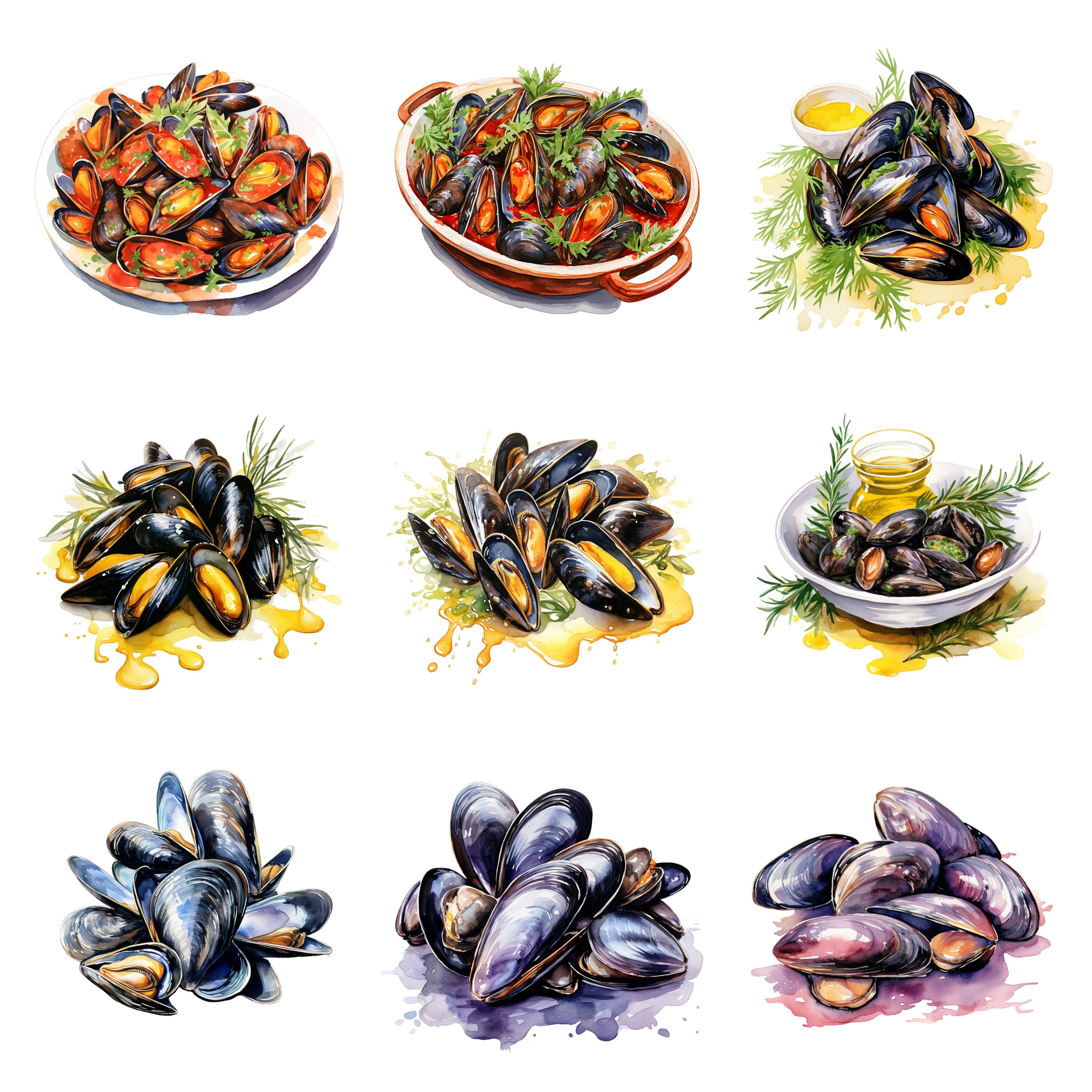 Watercolor Mussels Clipart PNG Digital Files on Transparent - Etsy
