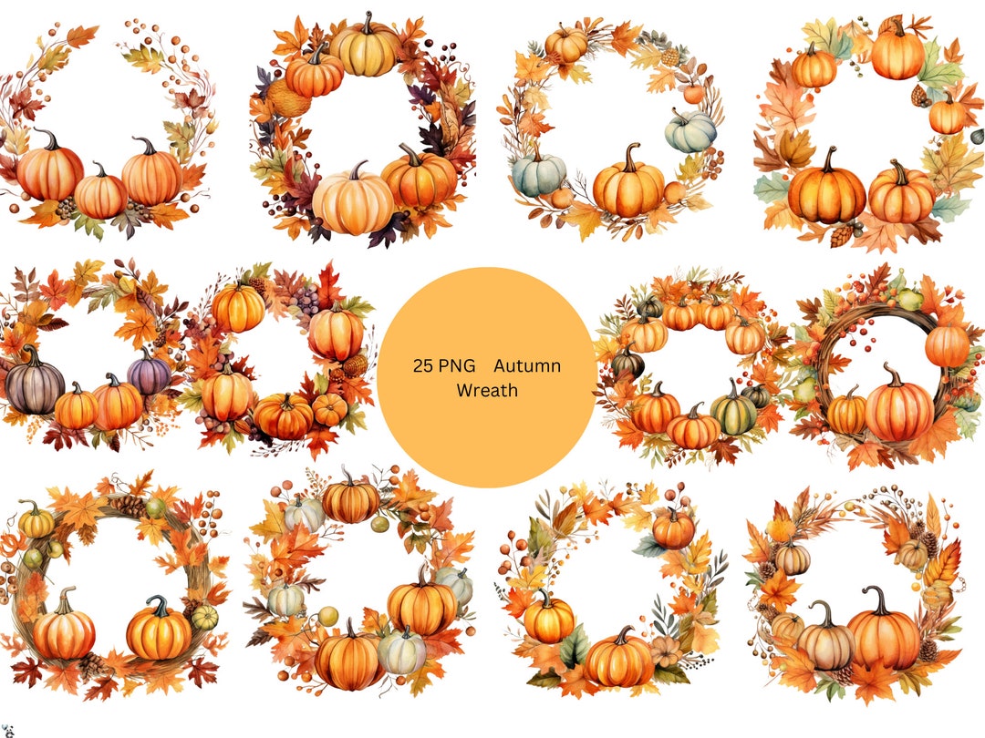 25 Autumn Wreaths Watercolor Clipart, Fall Clipart, PNG Individual ...