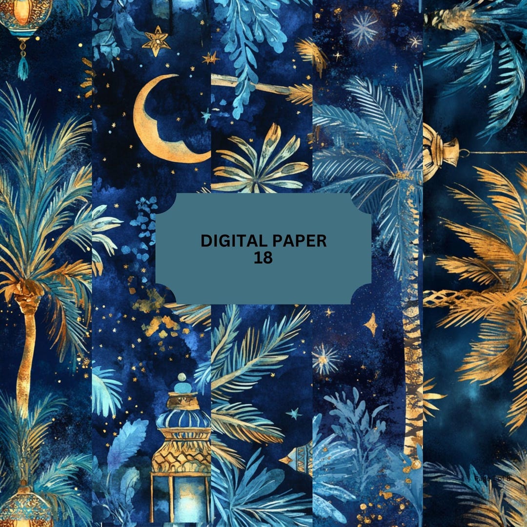 Tropical Night Sky Digital Paper Pack, Blue and Gold Palm Leaves ...