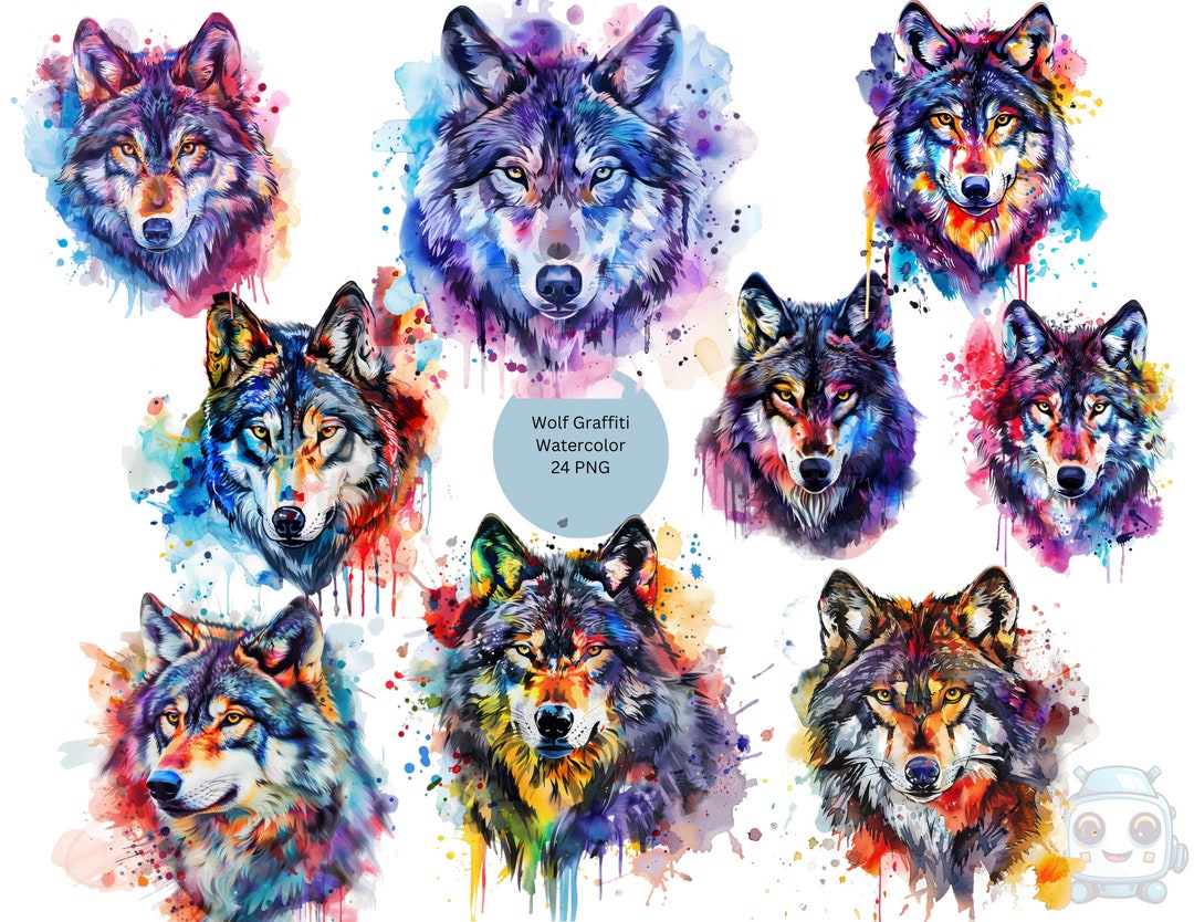 Watercolor Wolf Graffiti Clipart, PNG Individual Images on Transparent ...