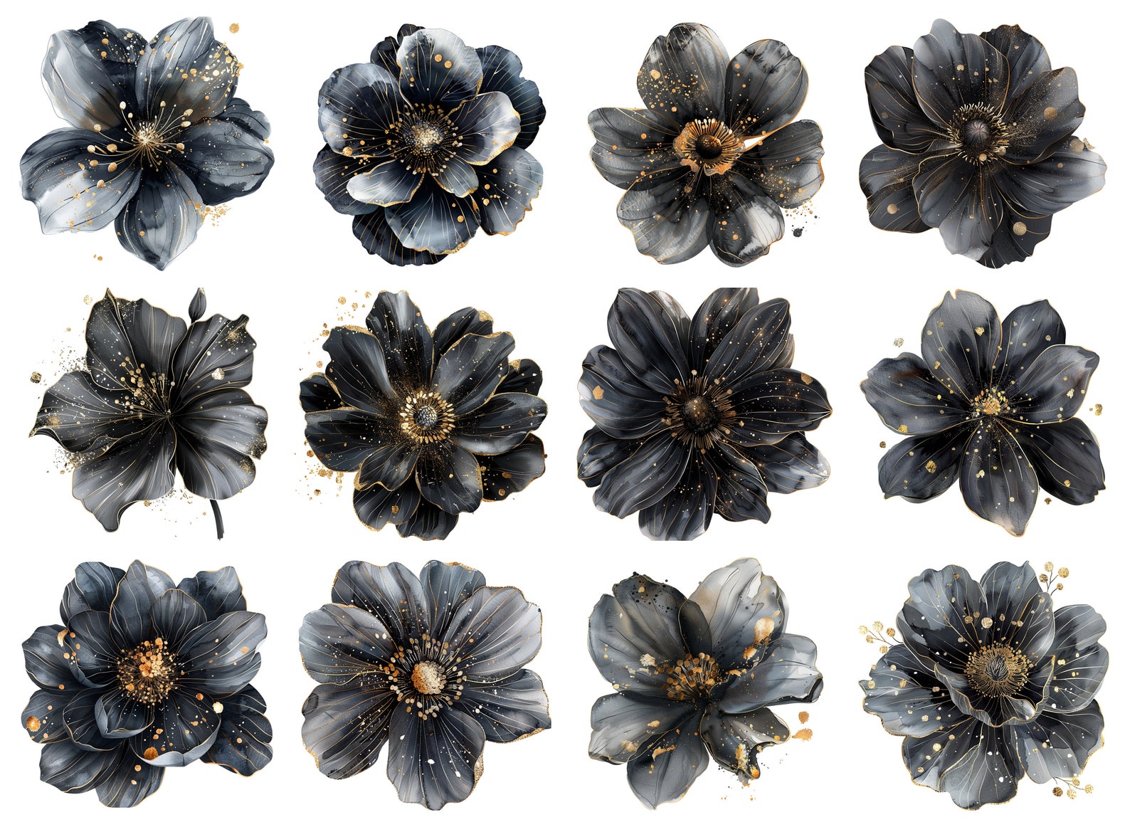 Watercolor Black Abstract Flowers Clipart, PNG Individual Images on ...