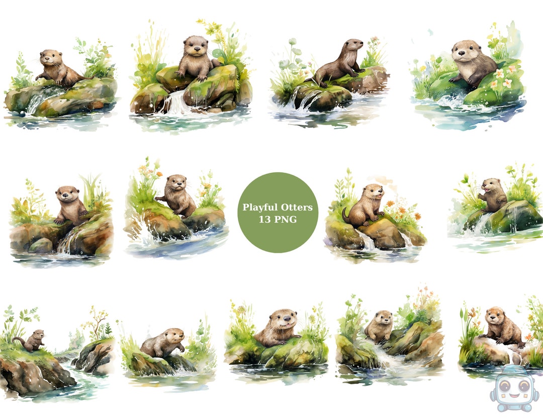 13 Playful Otters Watercolor Clipart, Animals Clipart, PNG Individual ...