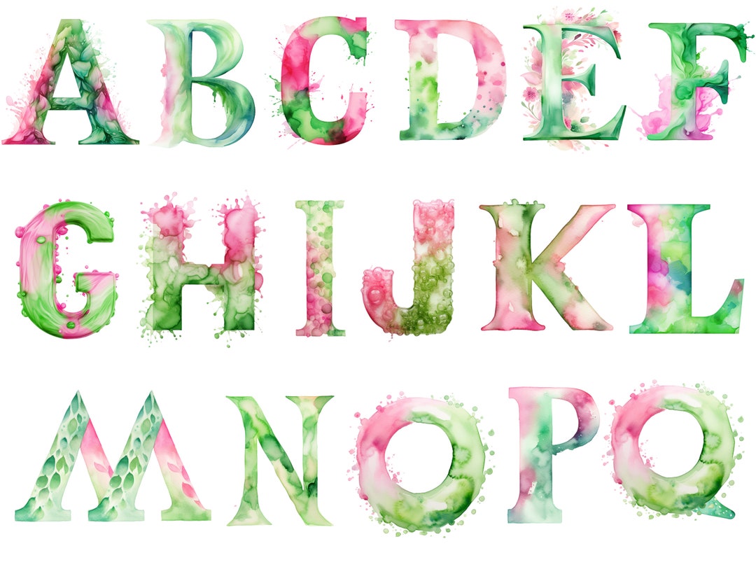 Pink and Green Alphabet Watercolor, Transparent Background, High ...