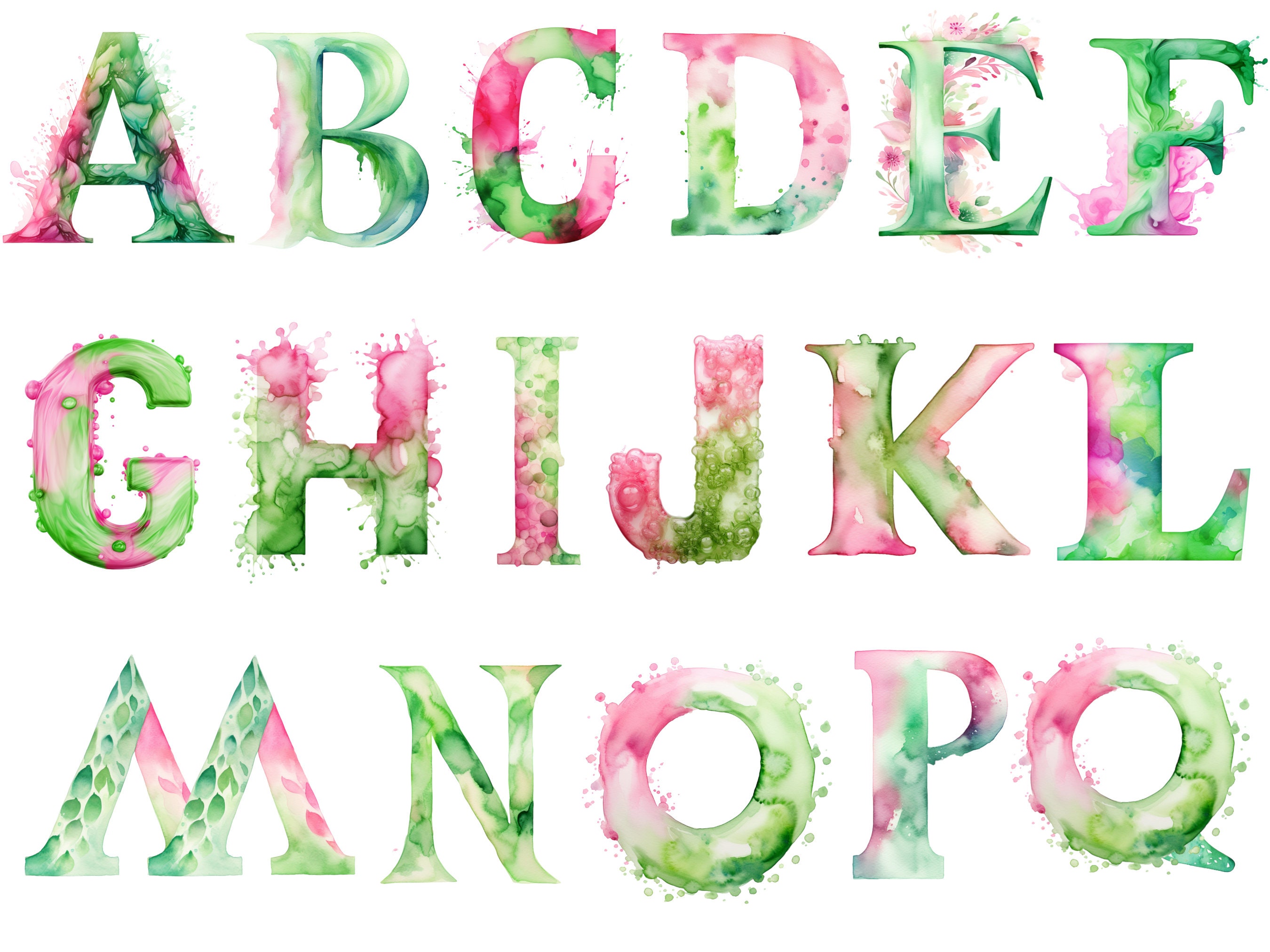 Pink and Green Alphabet Watercolor Transparent Background - Etsy