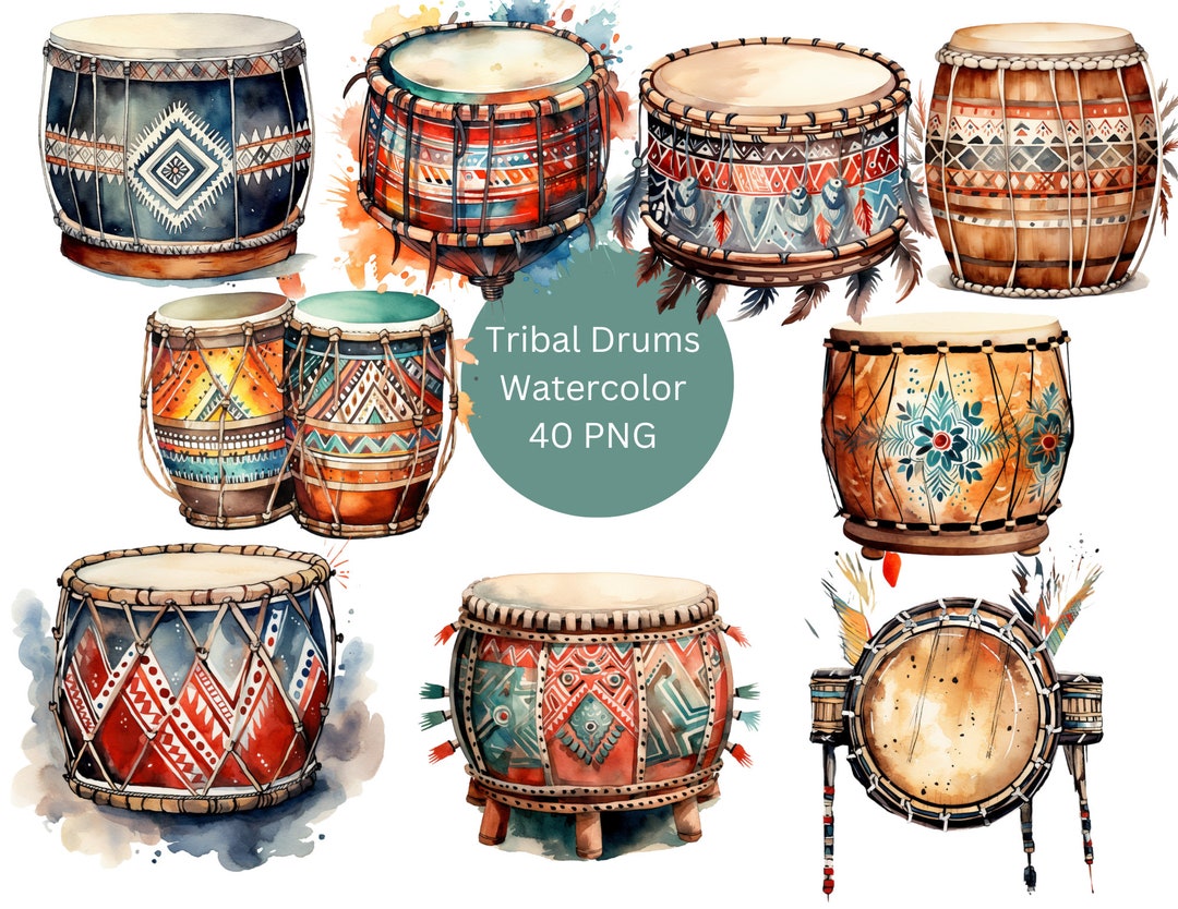 Watercolor Tribal Drums Clipart, PNG Digital Files on Transparent ...