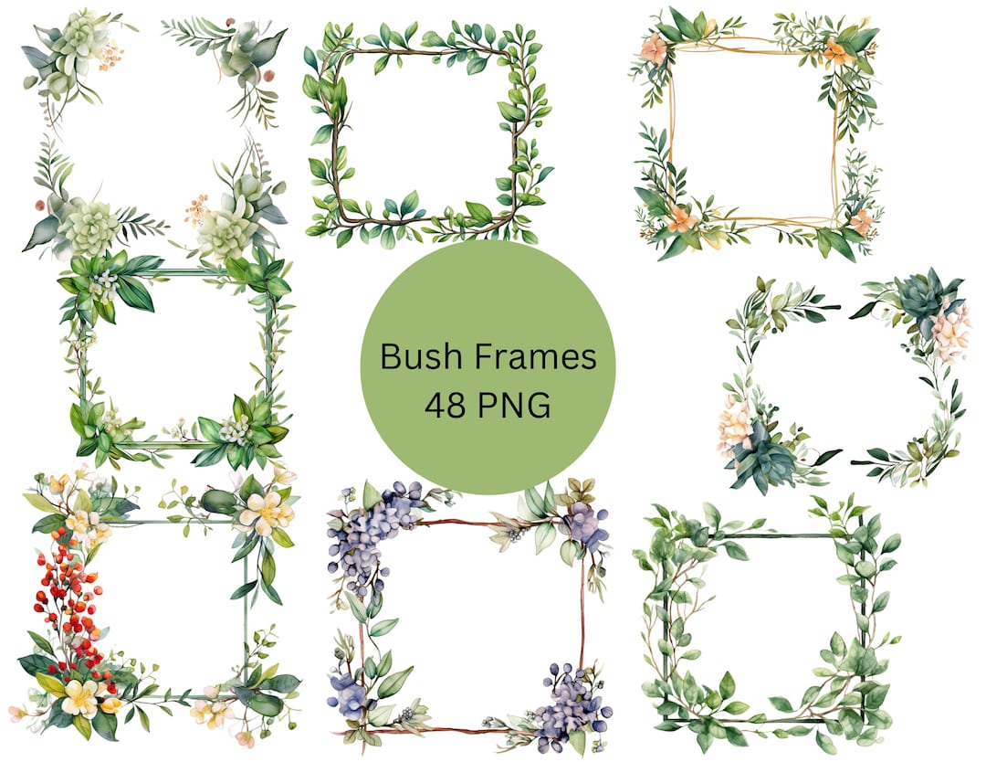 Watercolor Bush Frames Clipart, PNG Digital Files on Transparent ...