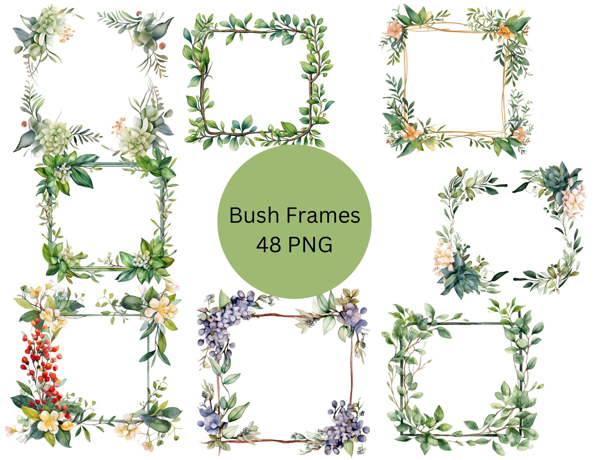 Watercolor Bush Frames Clipart PNG Digital Files on - Etsy