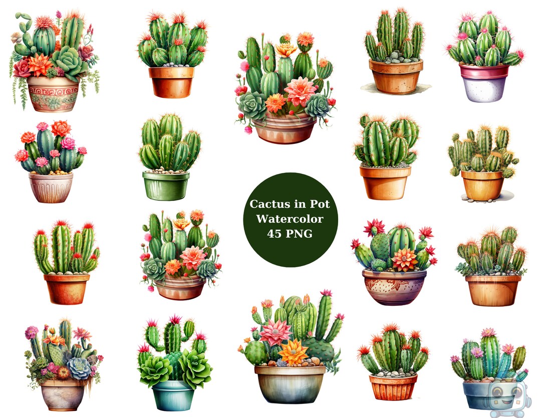 45 Cactus in Pot Watercolor Clipart, Pots Clipart, PNG Digital Files on ...