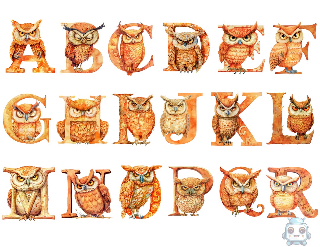 Watercolor Orange Angry Owl Alphabet, Owl Letter Instant Download for ...