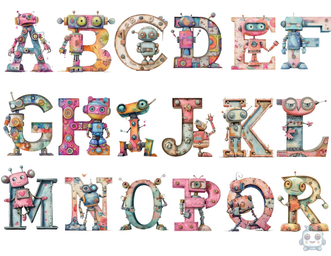 Watercolor Robot Alphabet Clipart, PNG Individual Images on Transparent ...
