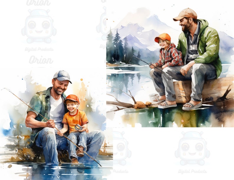 Watercolor Father and Son Fishingclipart Transparent - Etsy