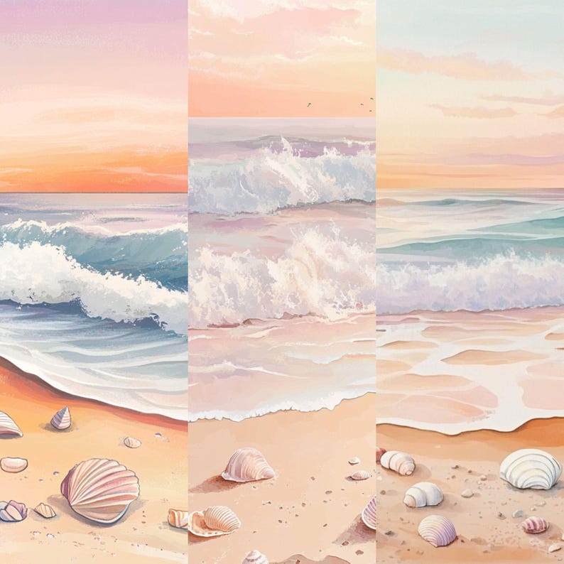 Pastel Beach Digital Paper Pack, Soft Ocean Waves, Seashell Shoreline ...