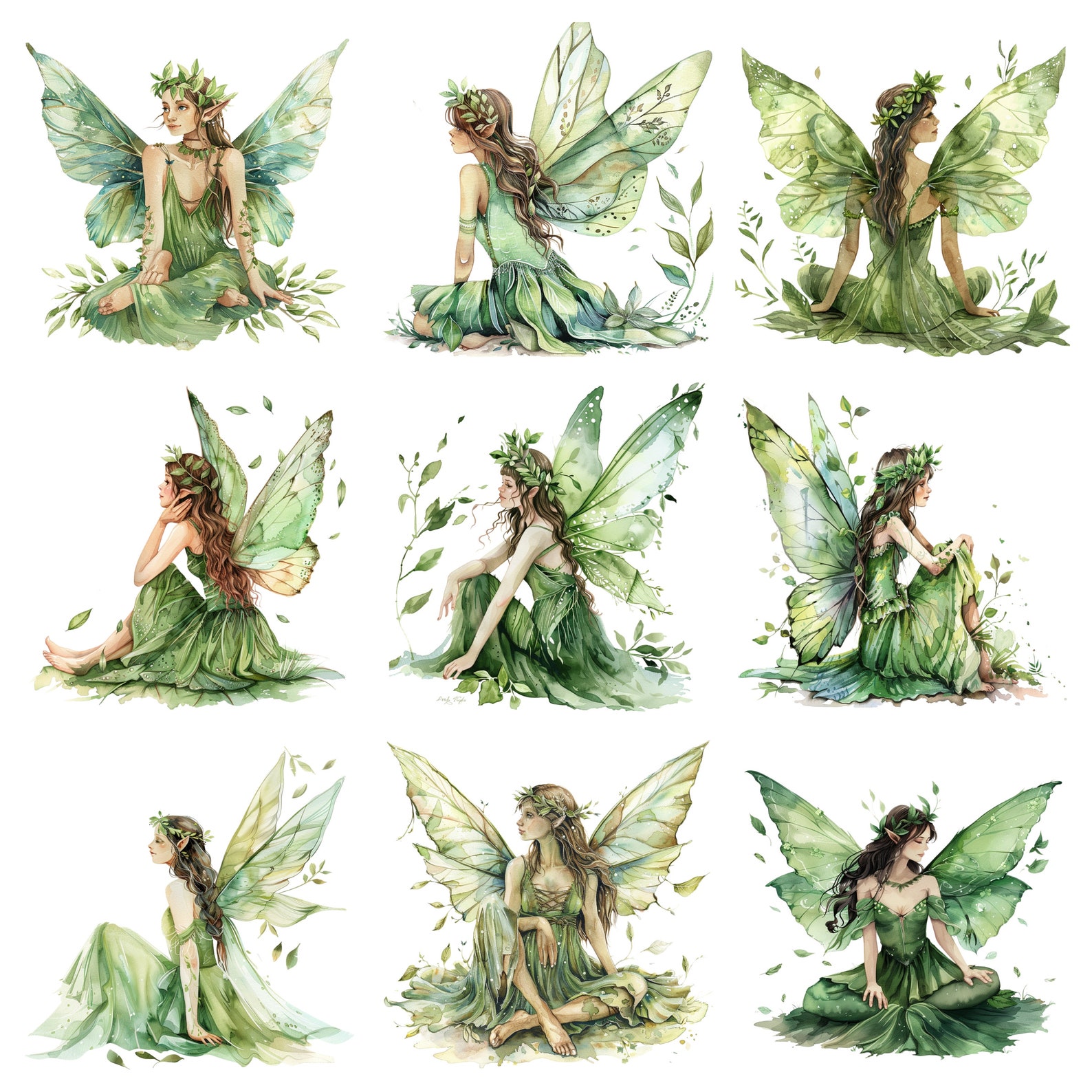 Watercolor Forest Fairy Clipart, Green Fairies, PNG Individual Images ...