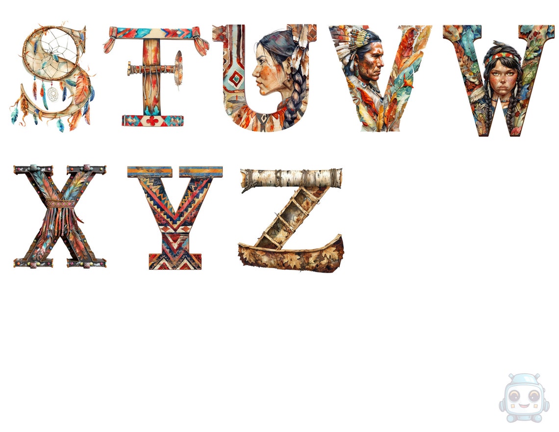 Watercolor Native American Indian Alphabet Clipart, PNG Individual ...